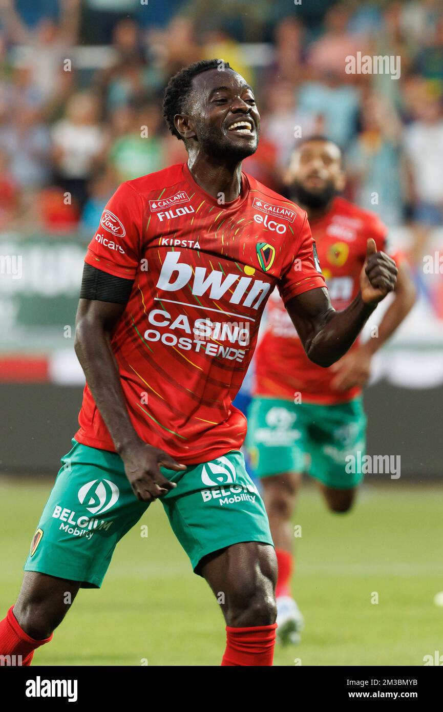 Oostende's David Atanga celebrates after scoring during a soccer match ...