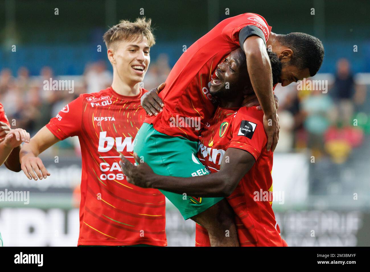 Oostende's David Atanga celebrates after scoring during a soccer match ...