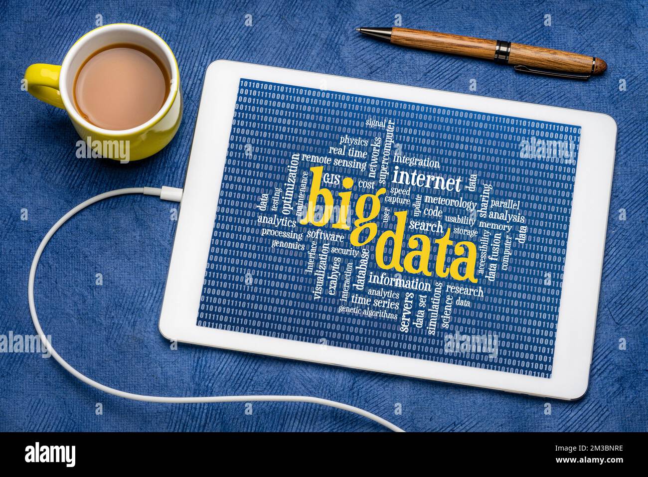 big data word cloud on a digital tablet with a cup of coffee ...