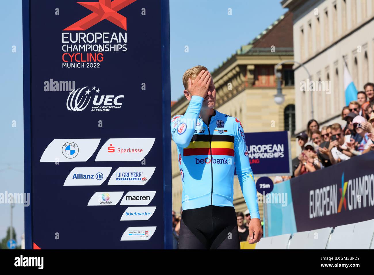 Belgian Tim Merlier pictured on the podium after the Elite Men's Road ...