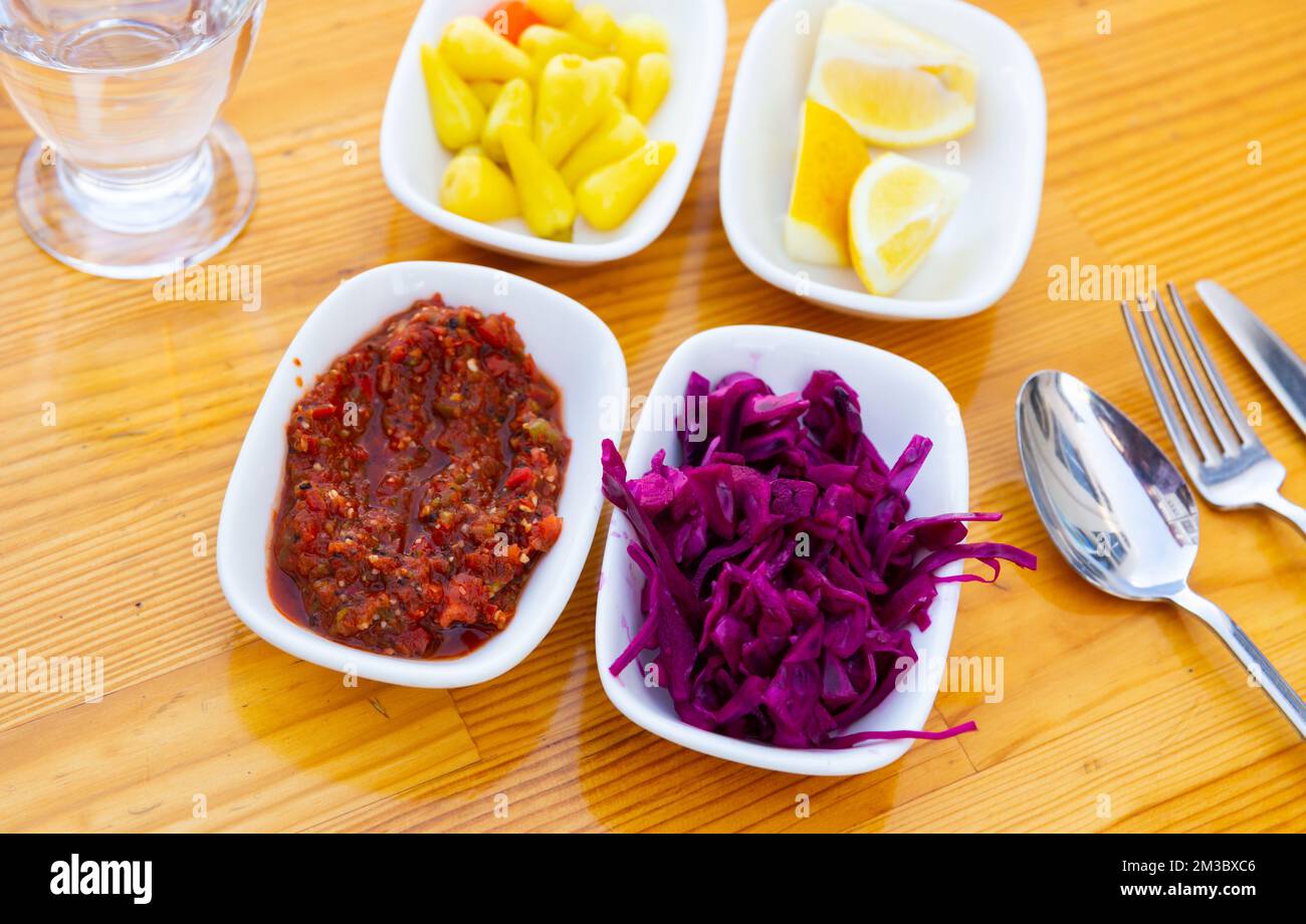 Variety of Turkish appetizers on table Stock Photo - Alamy