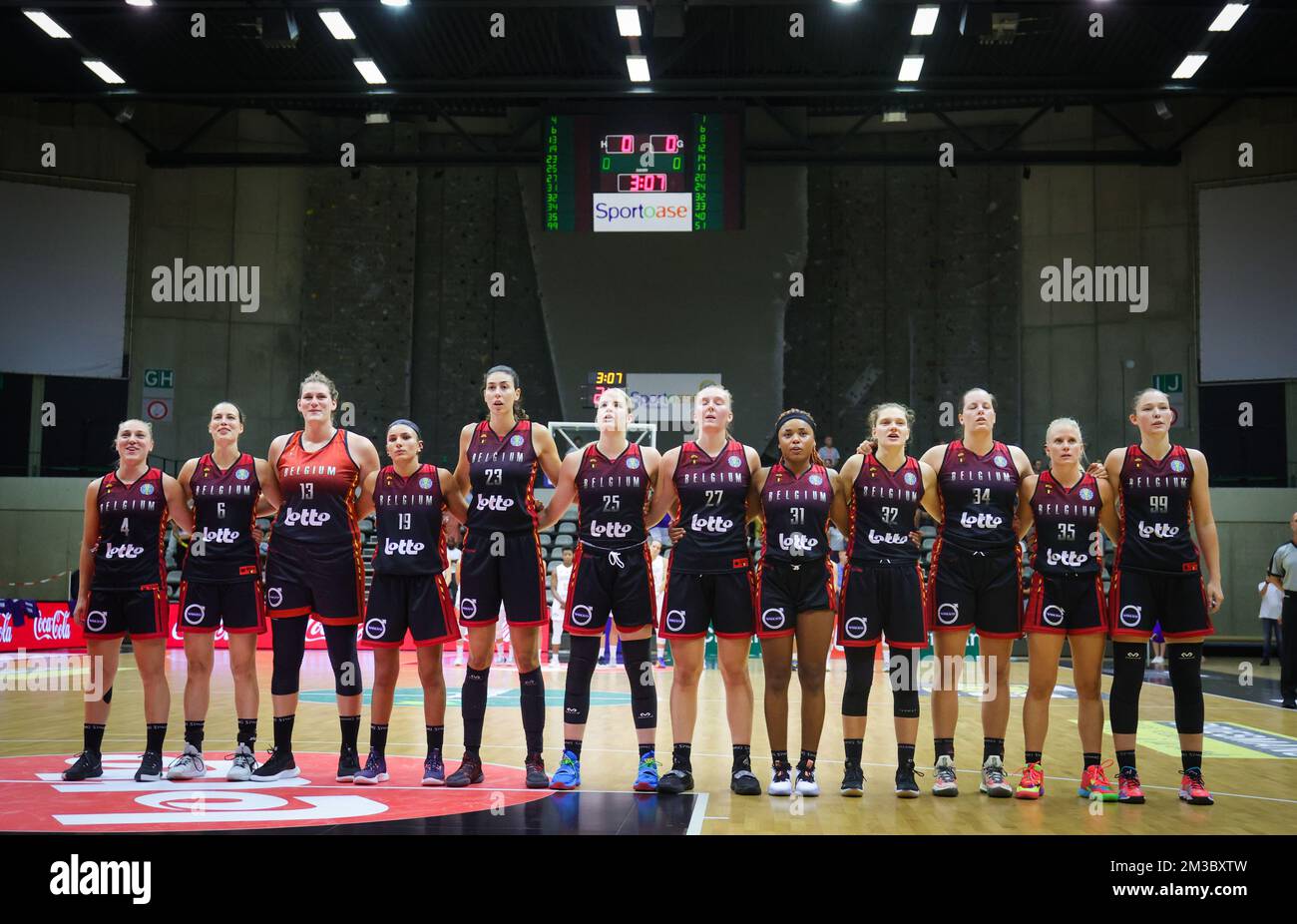 Belgian Cats' players pictured at the start of a friendly basketball ...
