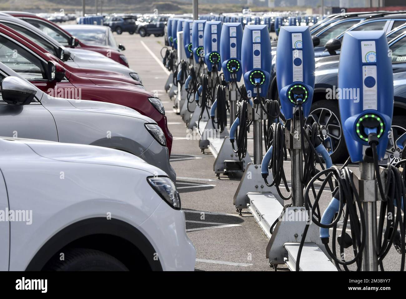 illustration picture shows electric cars at a charging station during the kick-off of the Voka ...