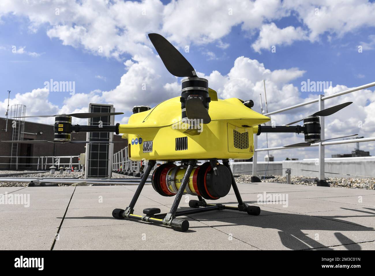 A drone is used for a test flight of an urgent transportation system ...
