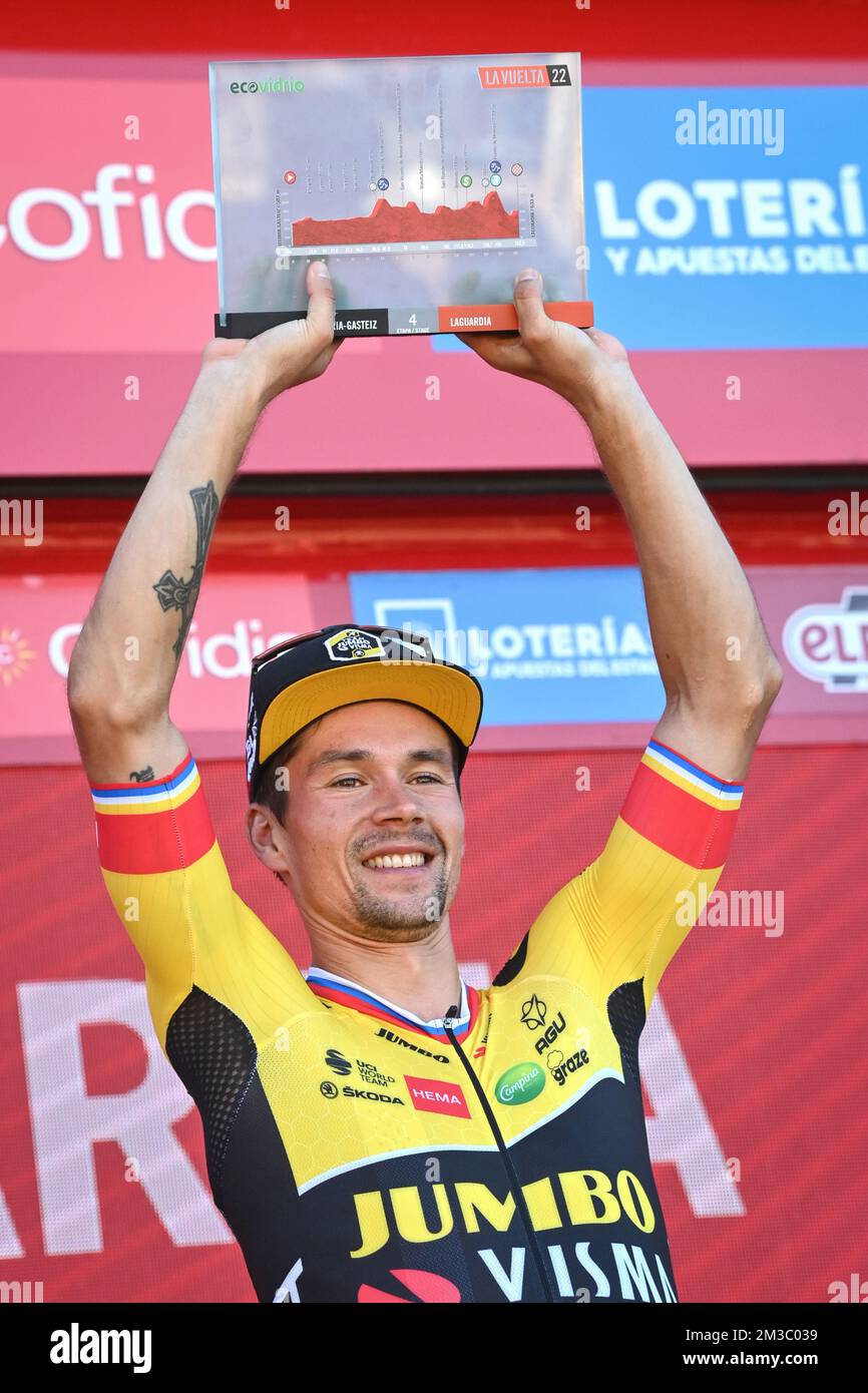 Slovenian Primoz Roglic of Jumbo-Visma celebrates on the podium after ...