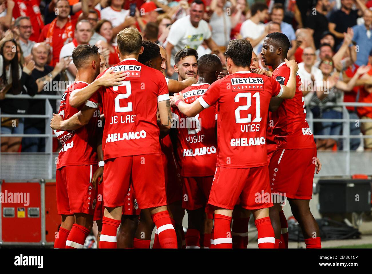 Antwerp's players celebrate after scoring during a soccer game between ...