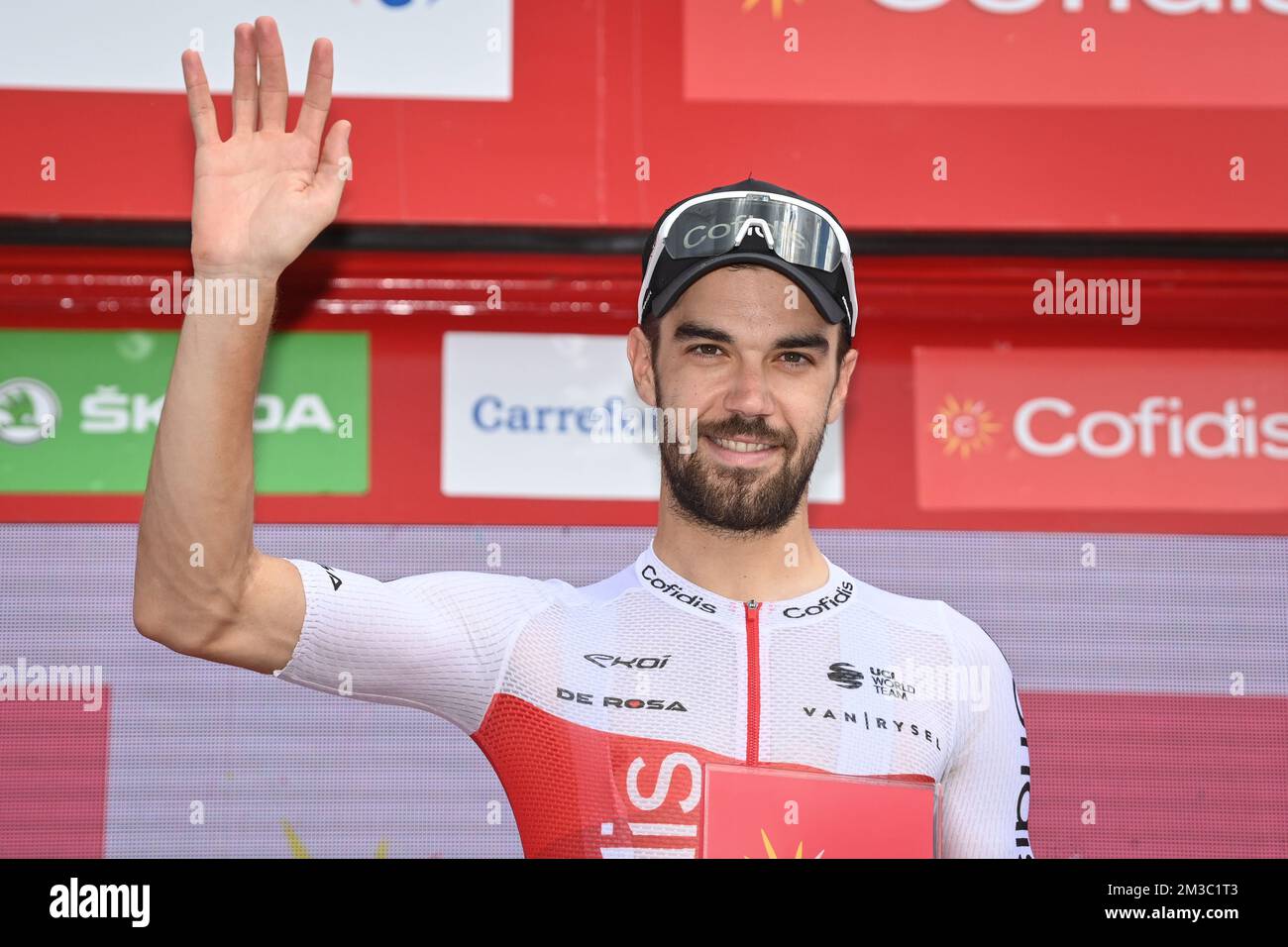 Spanish Jesus Herrada Lopez of Cofidis celebrates on the podium after ...