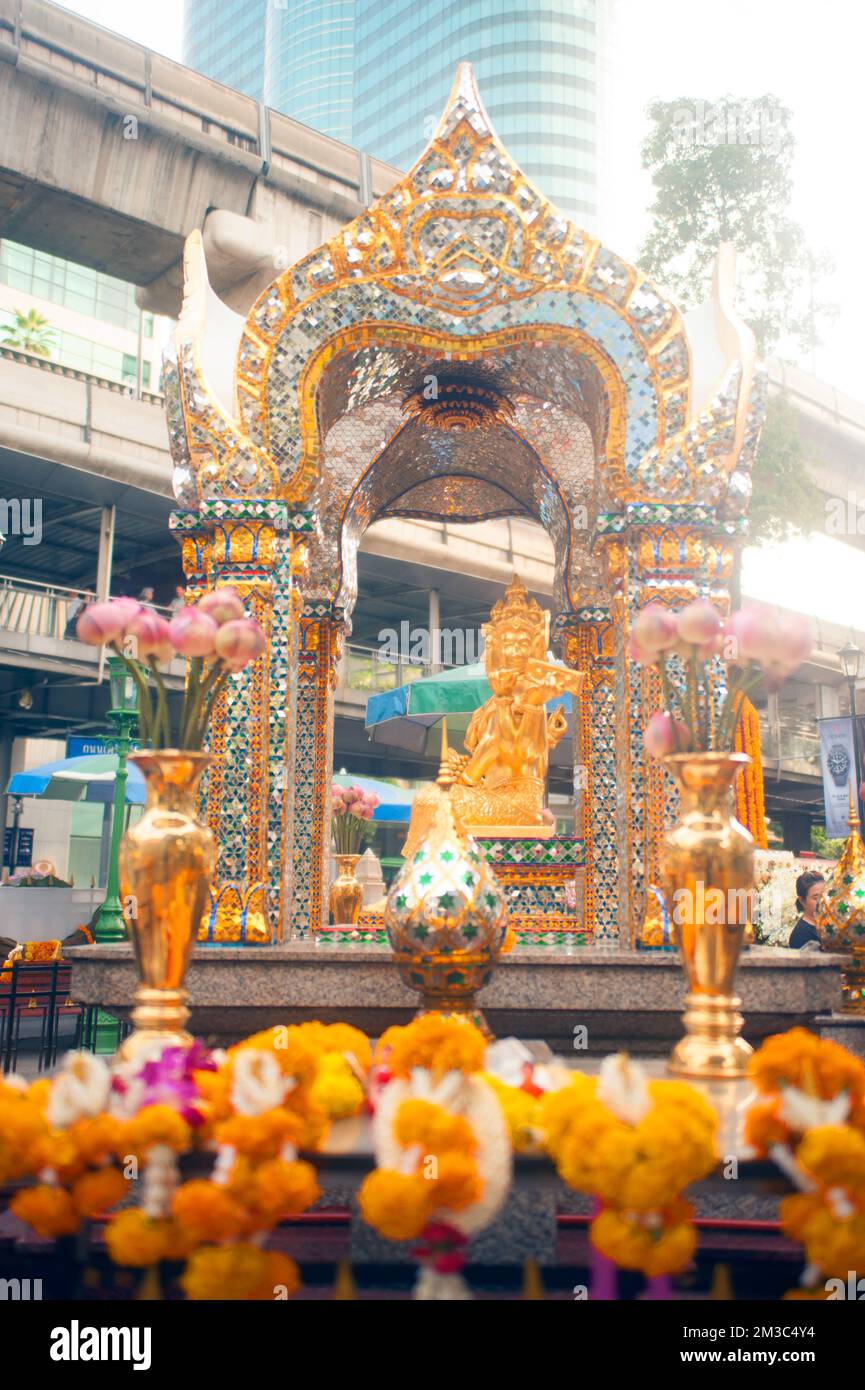 View of the Erawan Shrine ( The four-faced Brahma statue or Phra Phrom ...