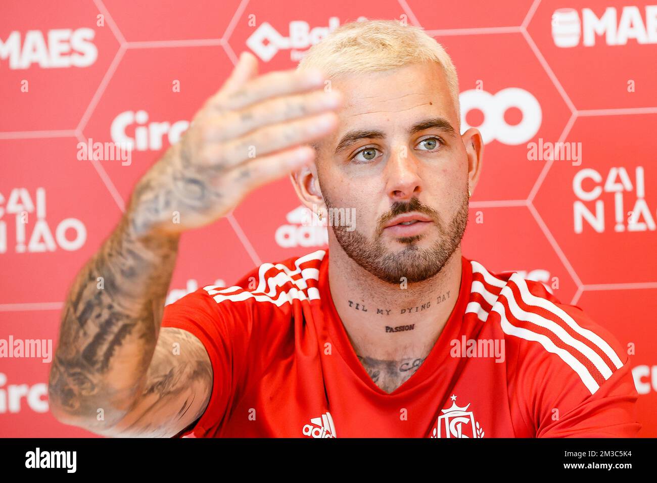 Standard's Aron Donnum pictured during the weekly press conference of ...