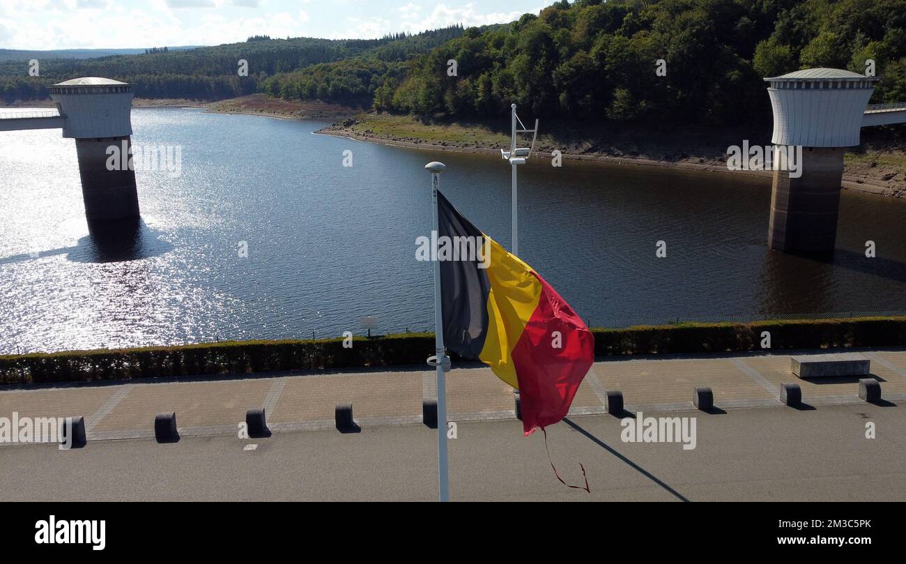 Aerial drone picture shows the Belgian flag at the 'Barrage de la ...