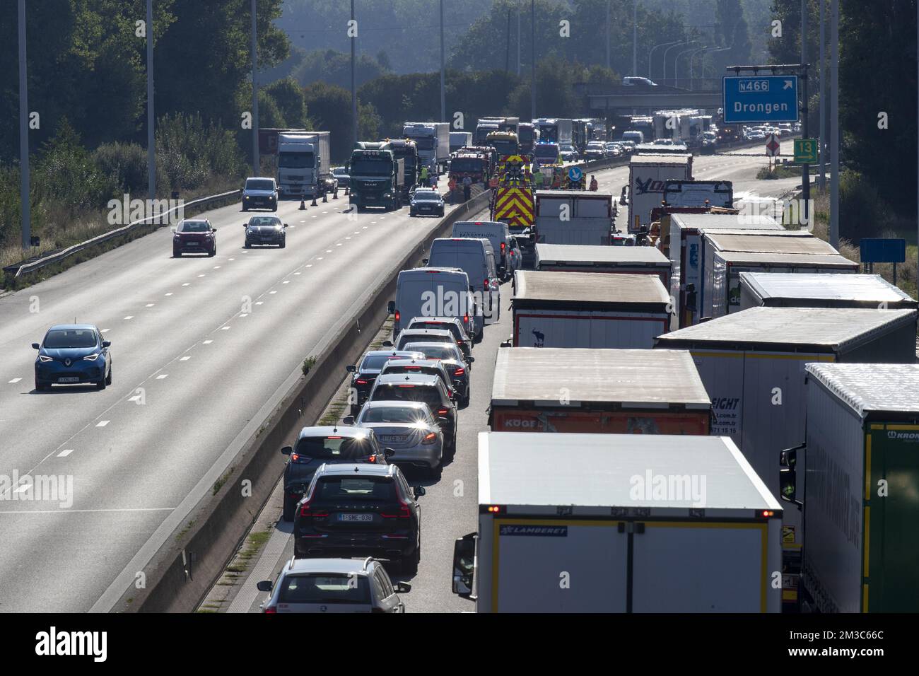 Illustration picture shows traffic congestion with lots of trucks and cars after an accident ...