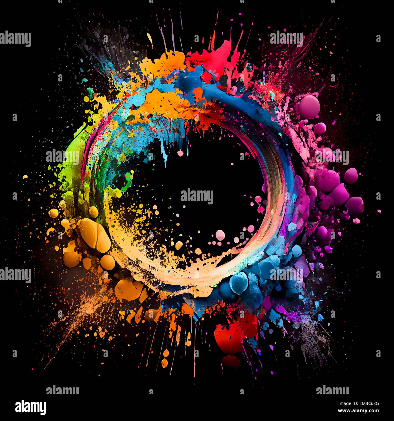 Neonpaint circle splash isolated on black background. Neoncolor acrylic ...