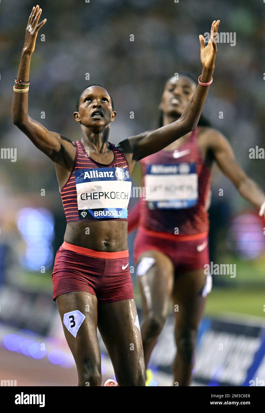 Kenyan Jackline Chepkoech celebrates after winning the women's 3000m ...