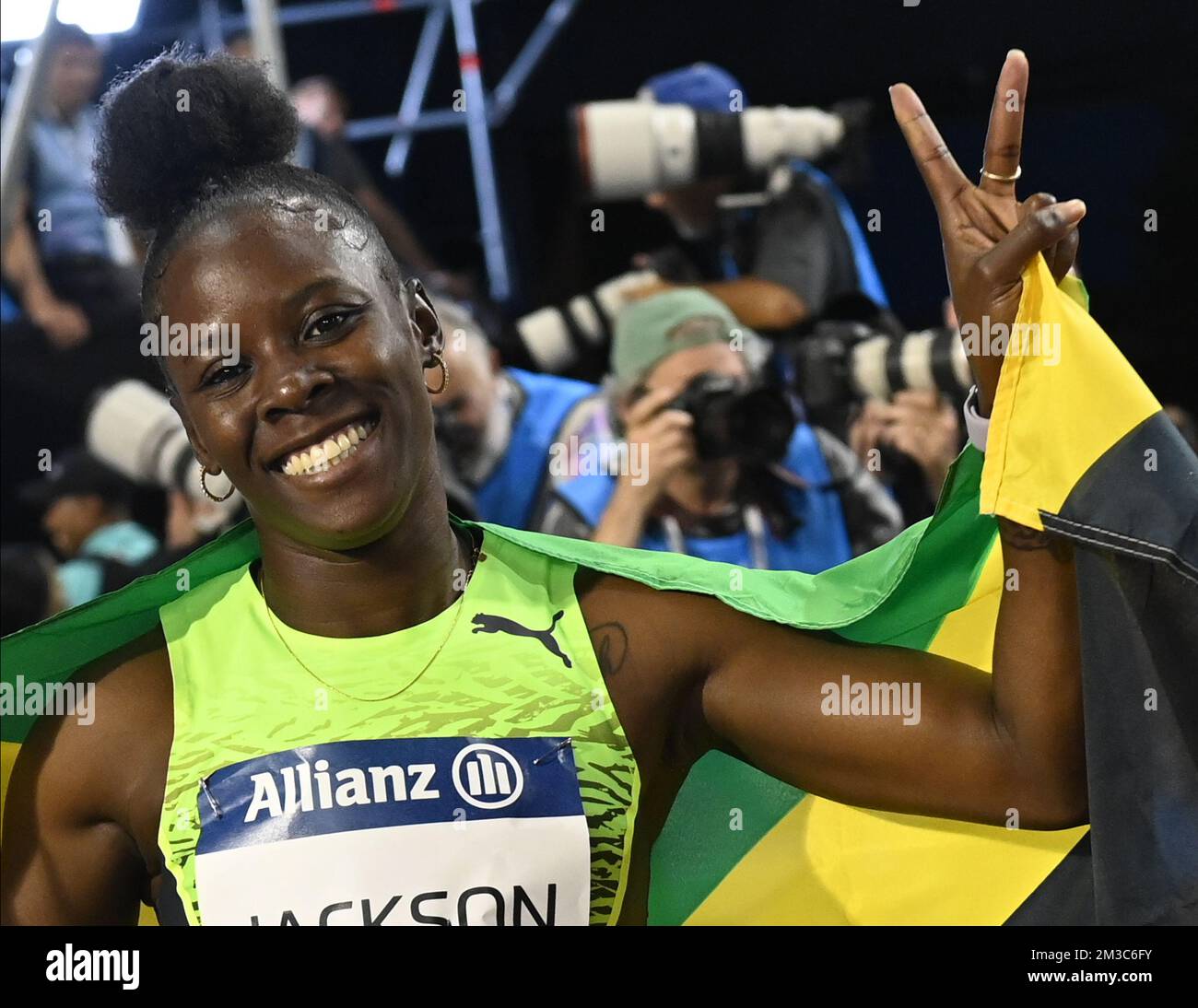Jamaican Shericka Jackson celebrates after winning the 100m race, at ...
