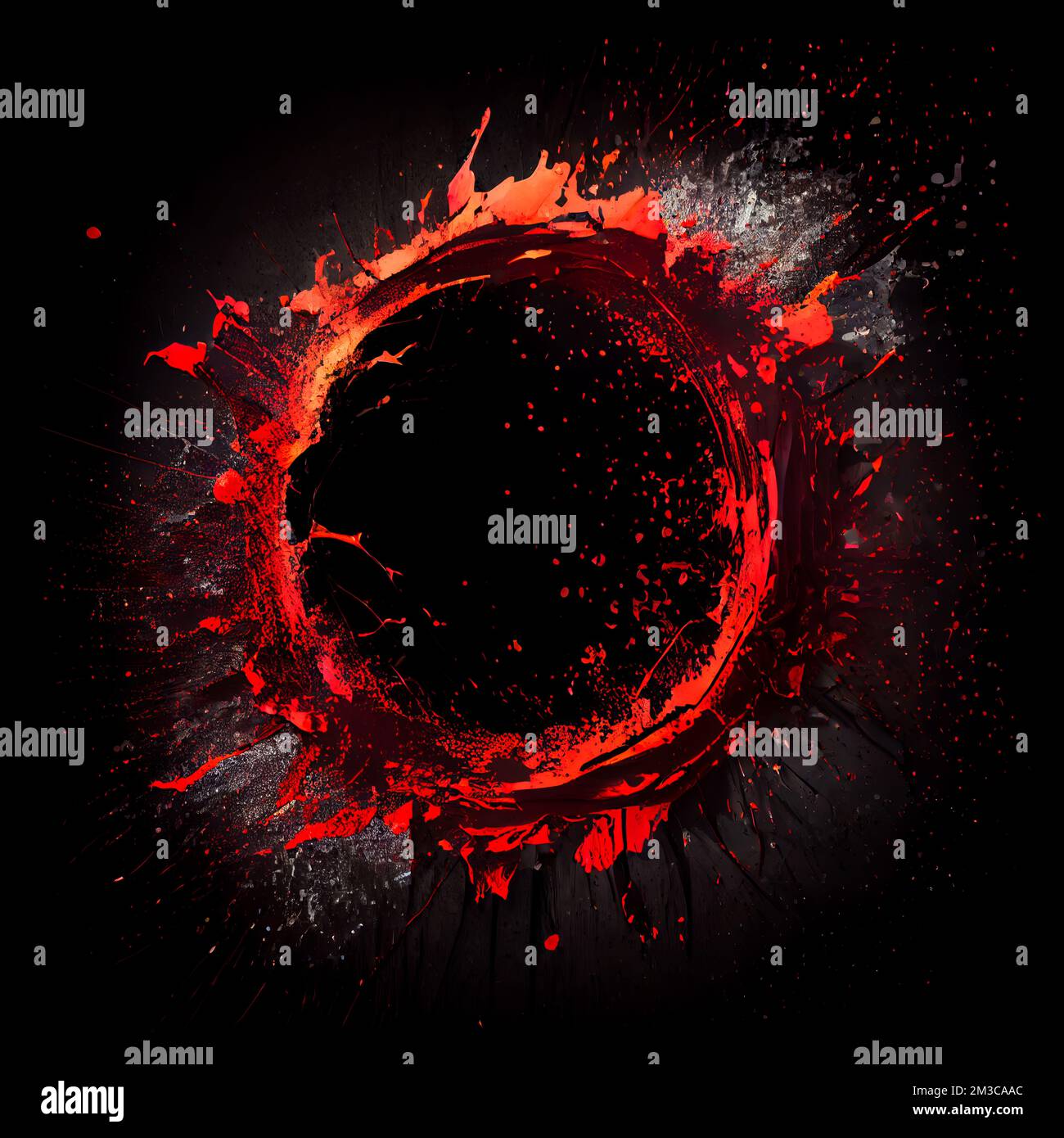 Red paint circle splash isolated on black background. Red color acrylic ...