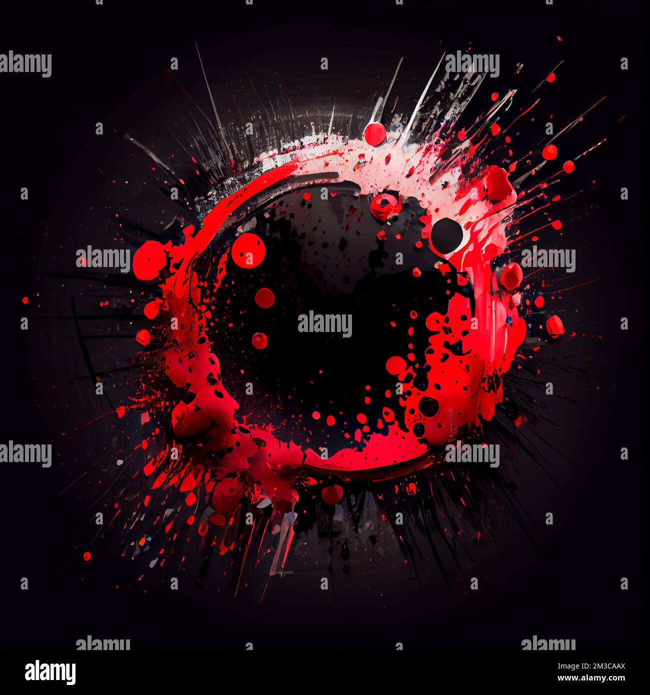 Red paint circle splash isolated on black background. Red color acrylic ...