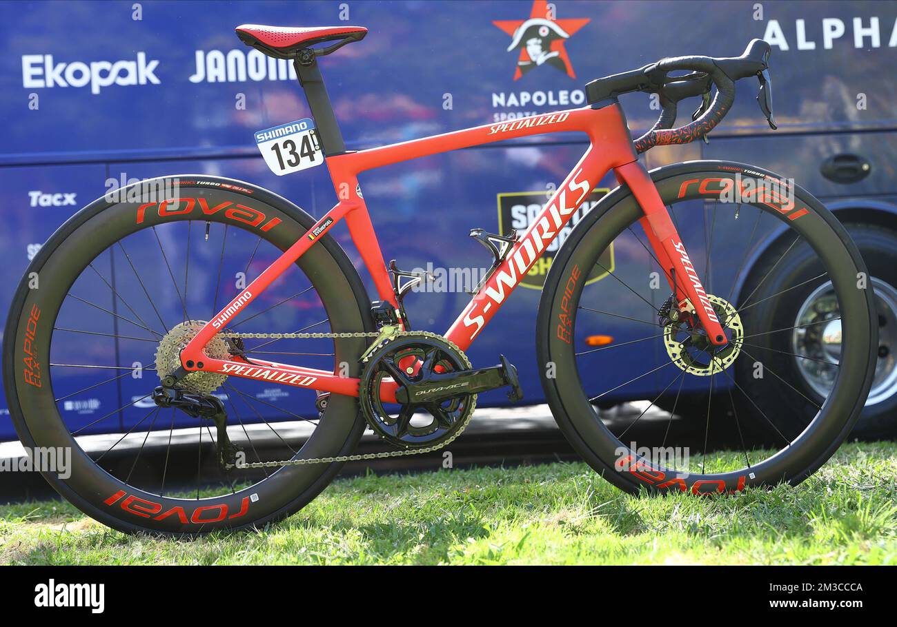 Illustration shows the new red bike of Belgian Remco Evenepoel of Quick-Step Alpha Vinyl ...