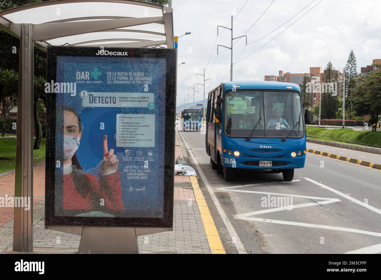 BOGOTA, COLOMBIA - MAY 20 OF 2021 A break glass of a SITP bus station ...