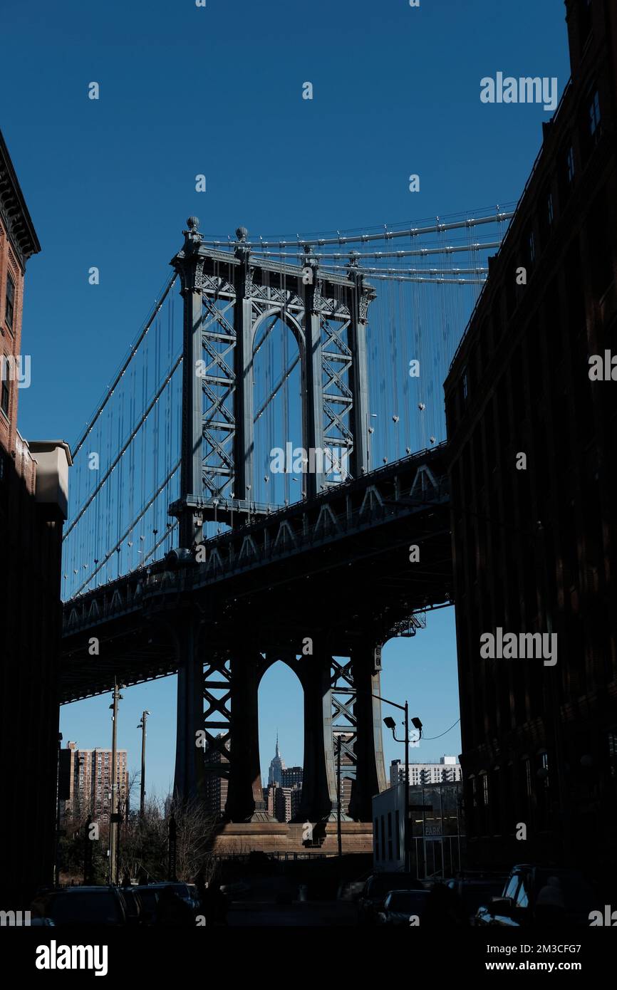 New York City Brooklyn Dumbo area red building and Manhattan Bridge ...