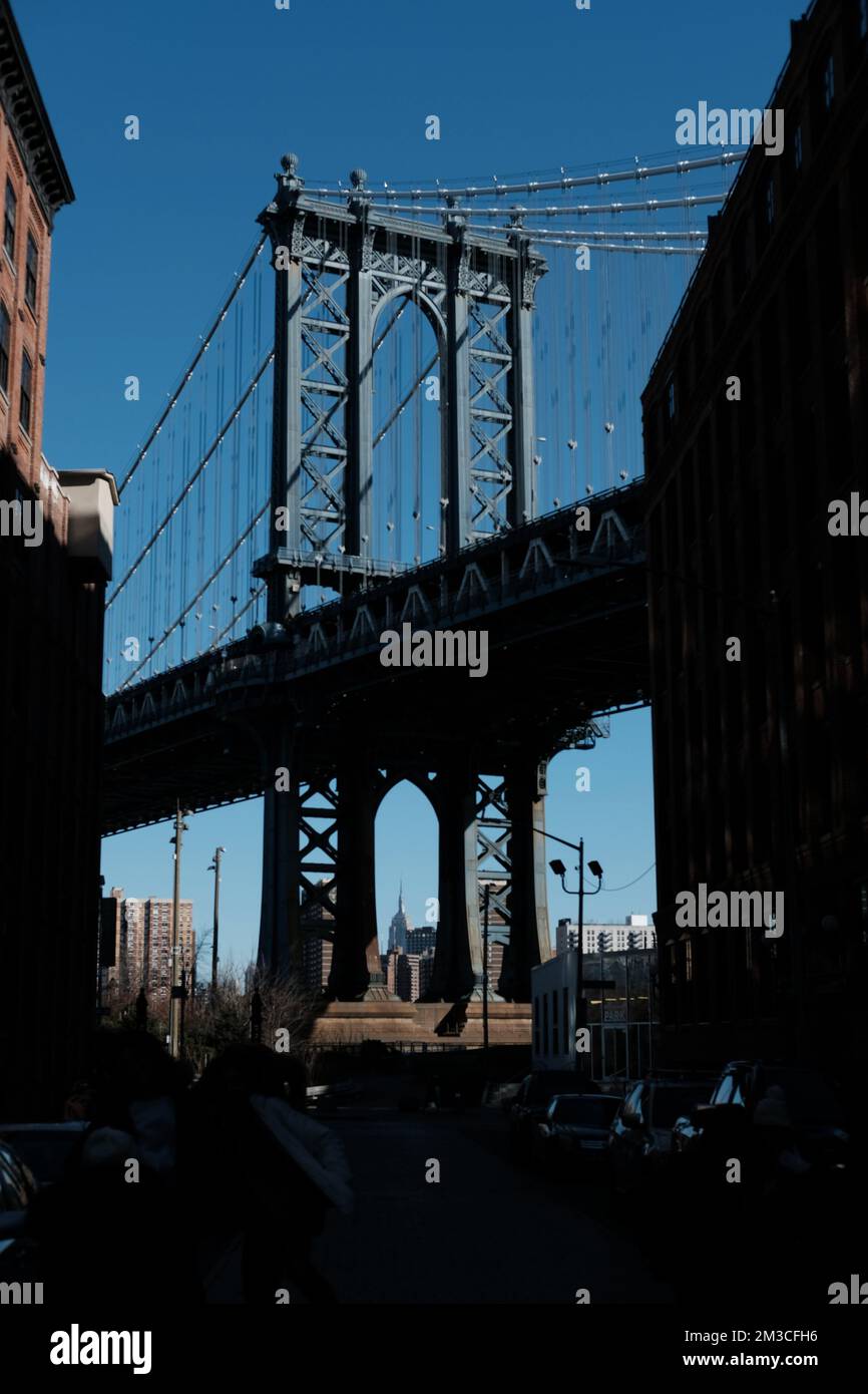 New York City Brooklyn Dumbo area red building and Manhattan Bridge ...