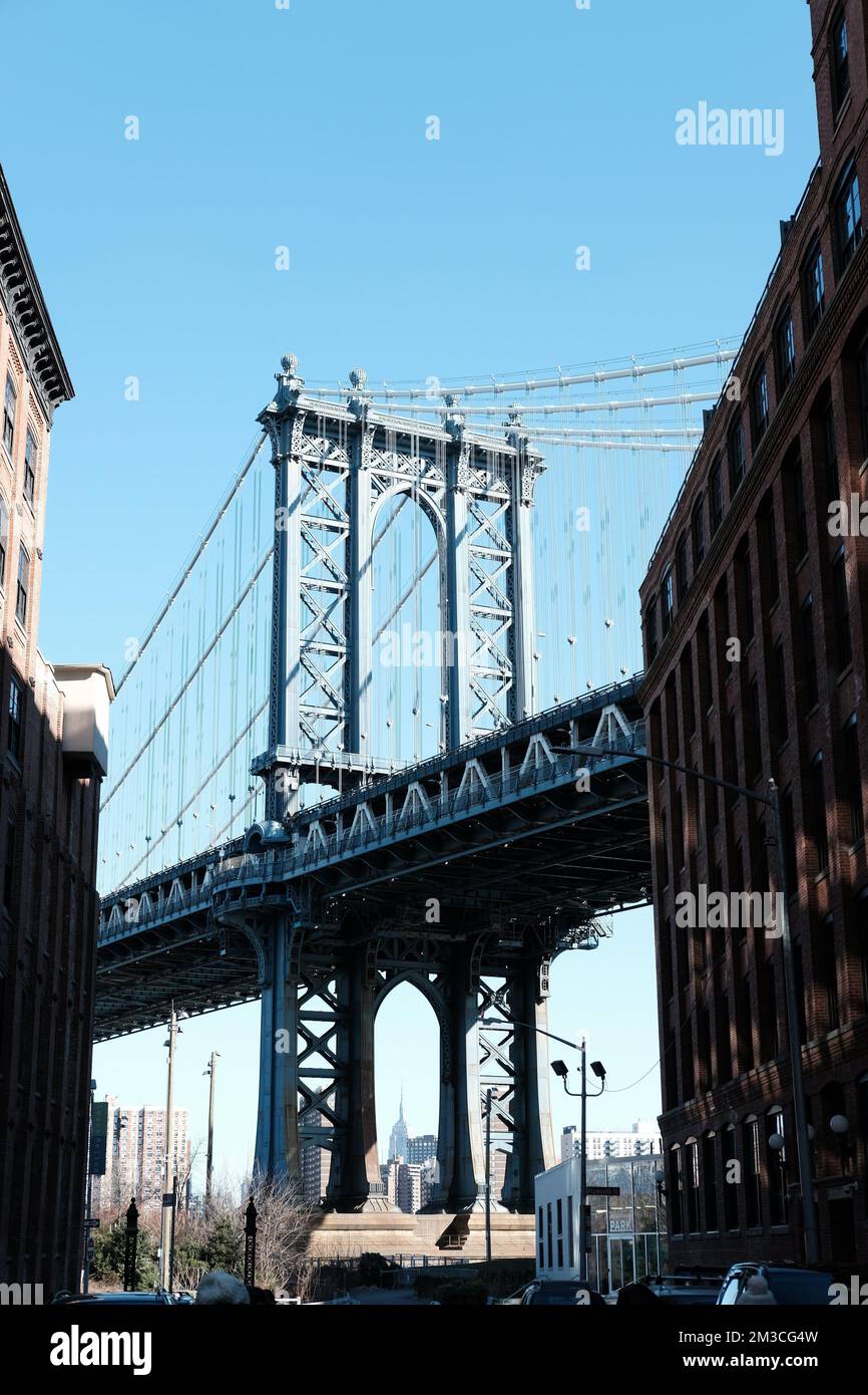 New York City Brooklyn Dumbo area red building and Manhattan Bridge ...