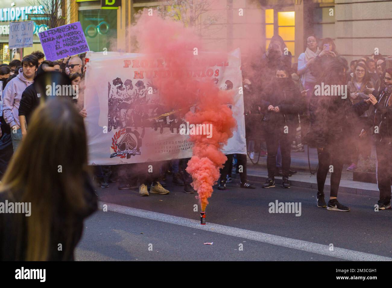 A Crowd marching with signs in middle of orange smoke flare during 8M ...