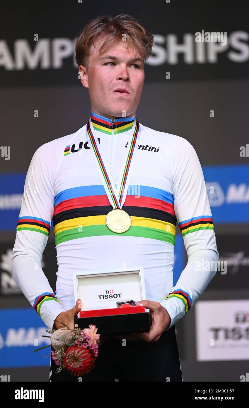 Norwegian Tobias Foss celebrates on the podium of the men elite ...