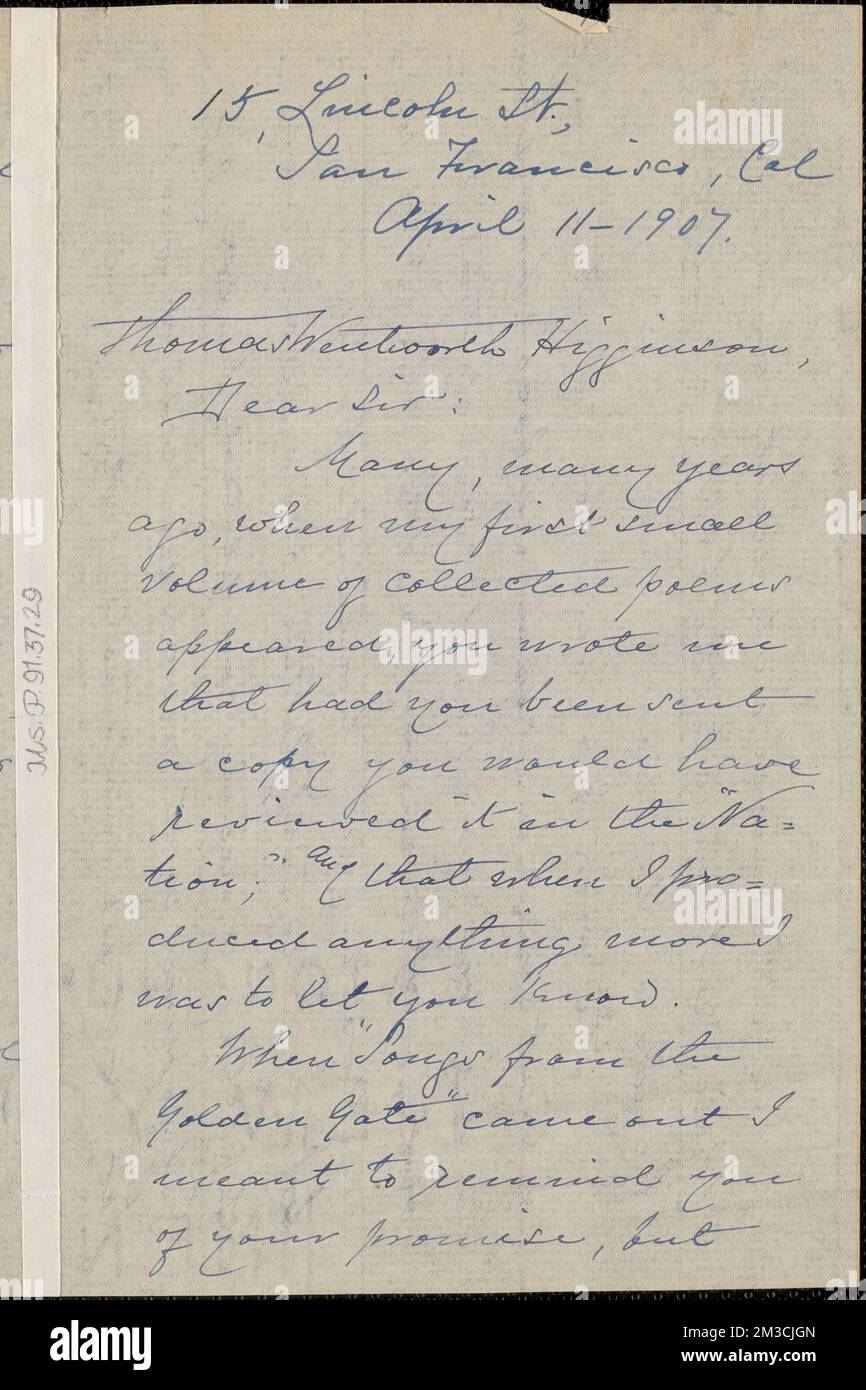 Ina D. Coolbrith autograph letter signed to Thomas Wentworth Higginson ...