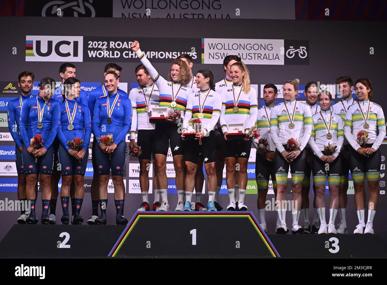 L-R, silver medalist Italian team, world champion Swiss team and third ...