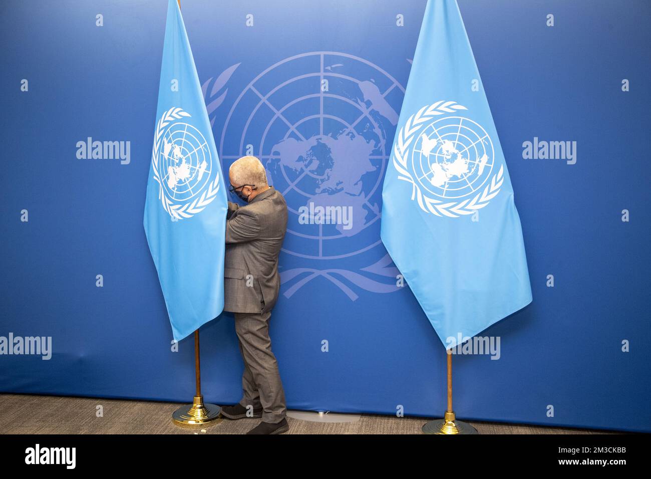 UN flags pictured ahead of a bilateral meeting between the Belgian ...