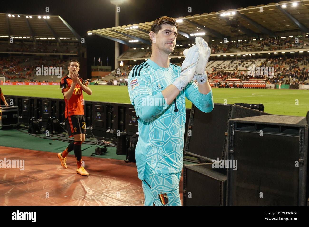 Belgium's goalkeeper Thibaut Courtois celebrates after a soccer game ...