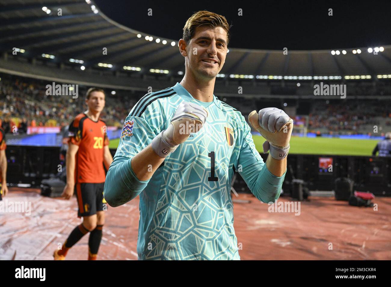 Belgium's goalkeeper Thibaut Courtois celebrates after winning a soccer ...