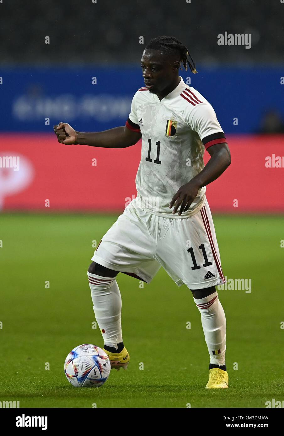 Belgium's Jeremy Doku controls the ball during a friendly soccer game ...