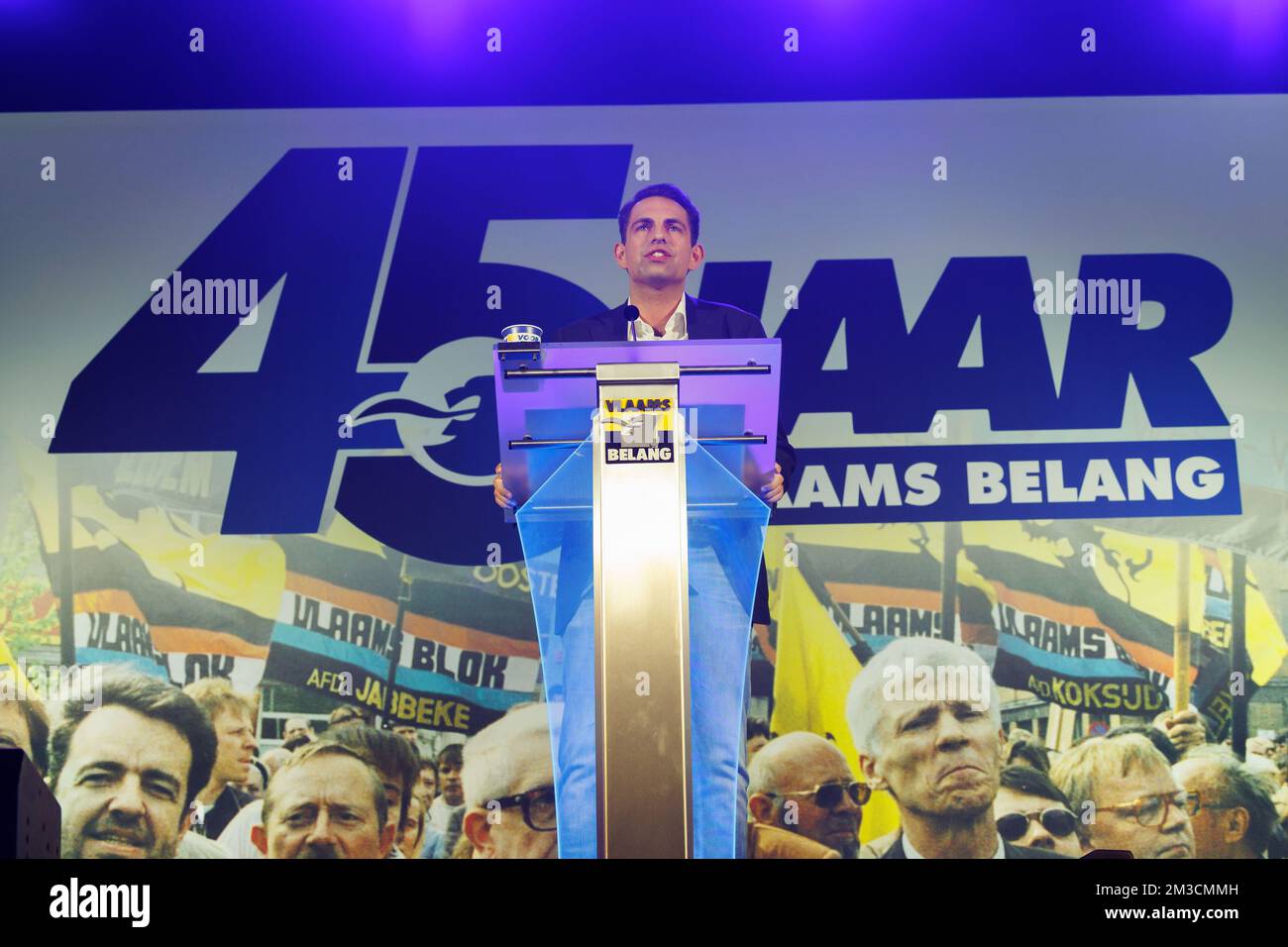 Vlaams Belang chairman Tom Van Grieken delivers a speech at the yearly ...