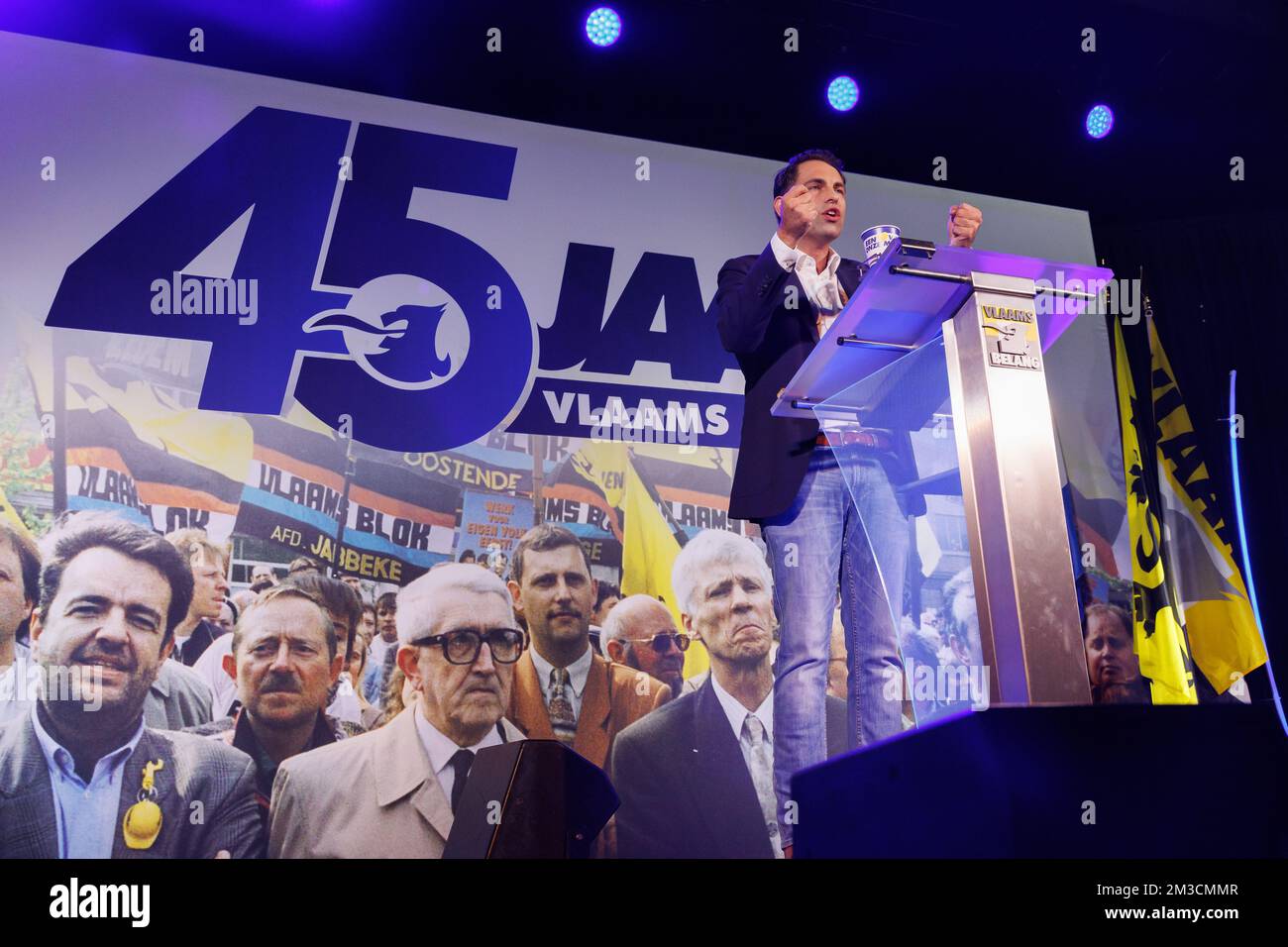 Vlaams Belang chairman Tom Van Grieken delivers a speech at the yearly ...