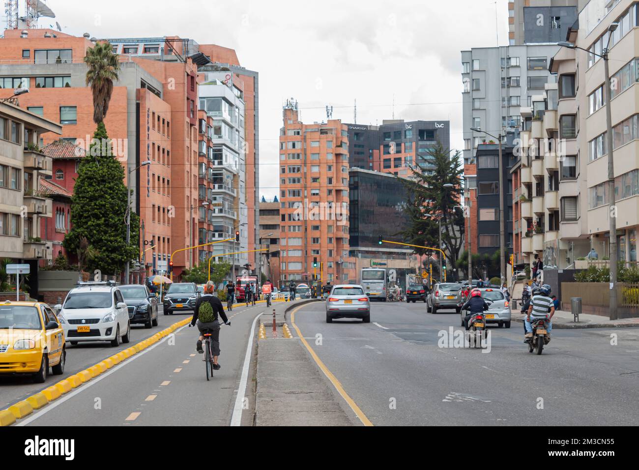 BOGOTA, COLOMBIA 7th avenue scene at north of the city with bike path ...