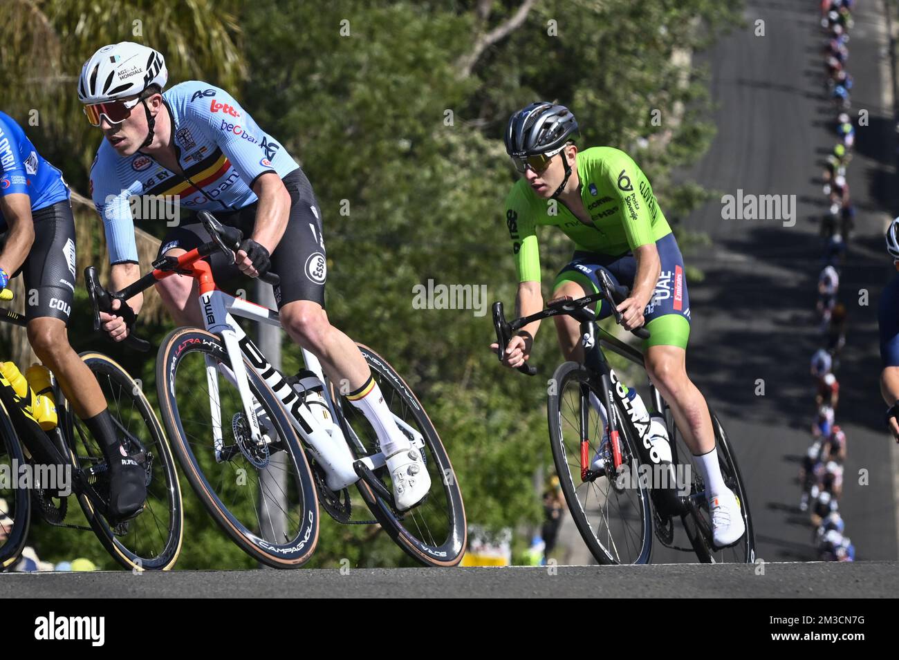Belgian Stan Dewulf and Slovenian Tadej Pogacar pictured in action during the men's elite road ...