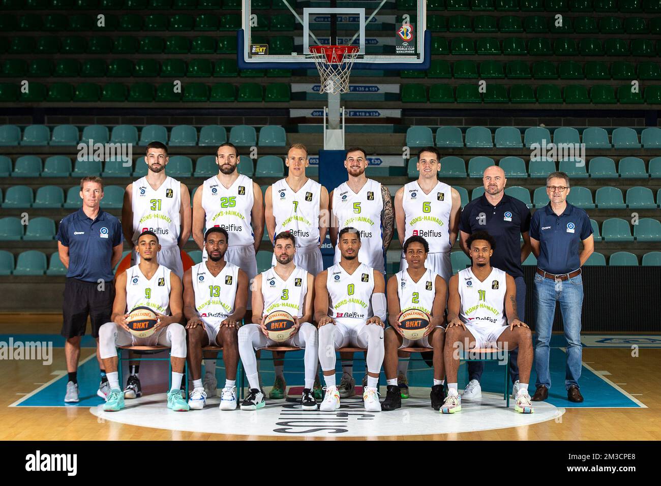 The team poses for a photoshoot of Belgian Basketball team Mons-Hainaut ...
