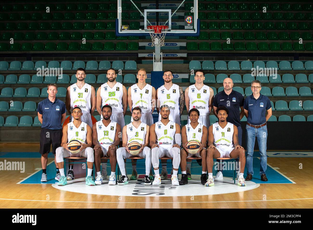 The team poses for a photoshoot of Belgian Basketball team Mons-Hainaut ...