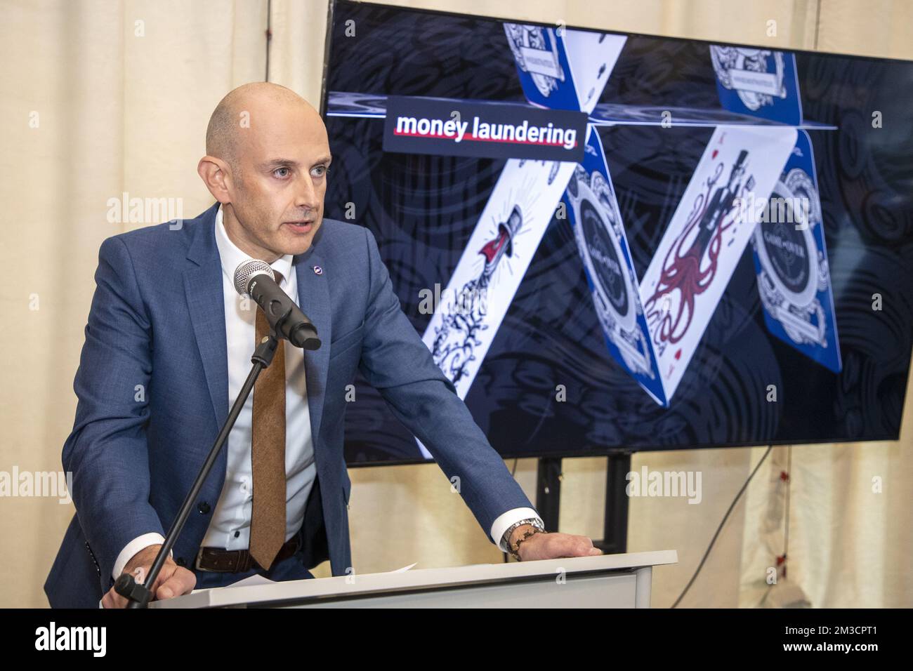 Belgian Federal Judicial Police's Gerry Van Loock delivers a speech at a press conference to ...