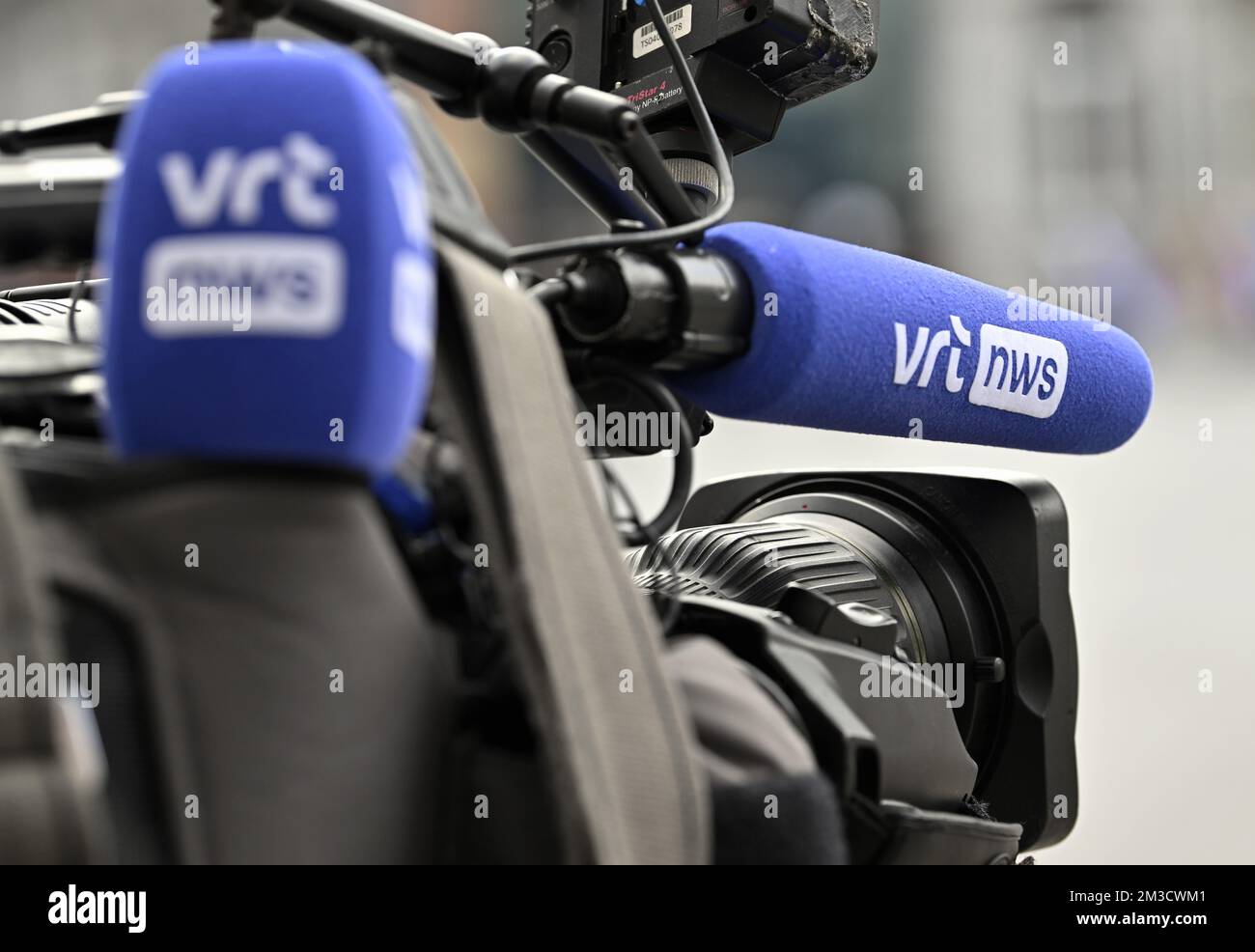 The new logo of the VRT NWS media pictured on a camera in Brussels, Friday 30 September 2022 ...