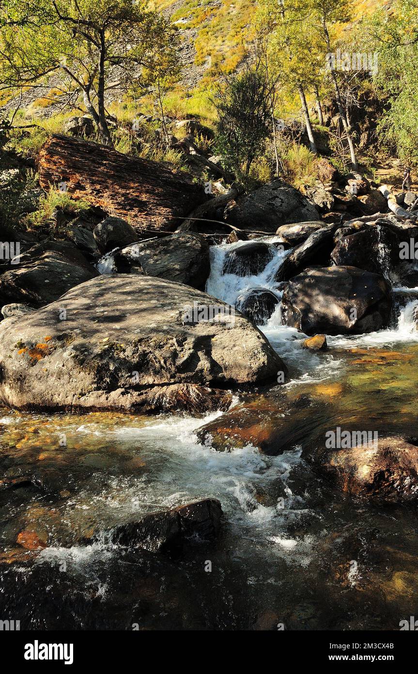 Cascade of waterfalls in the bed of a beautiful river flowing through ...