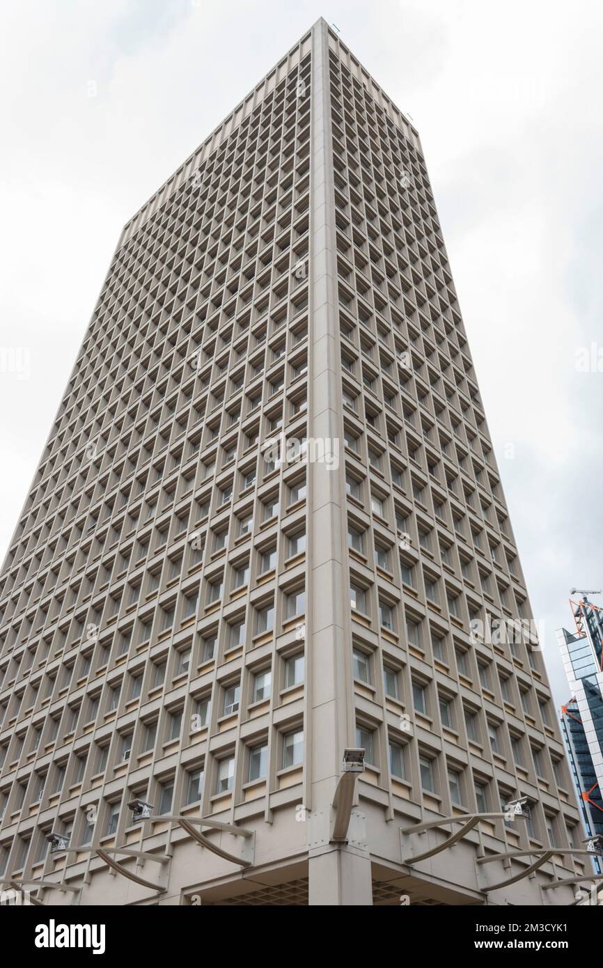 BOGOTA, COLOMBIA - Low angle view of an old office skyscraper at ...