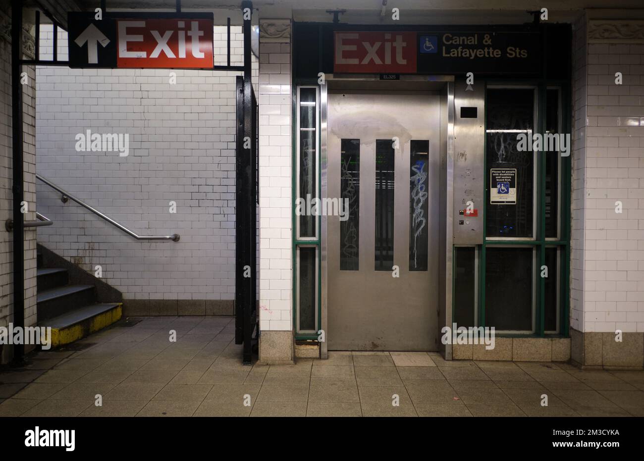 New York, New York, USA. 14th Dec, 2022. MTA elevator at Canal Street subway station on Canal ...