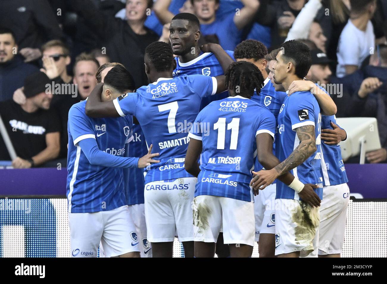 Genk's Paul Onuachu celebrates after scoring during a soccer match ...