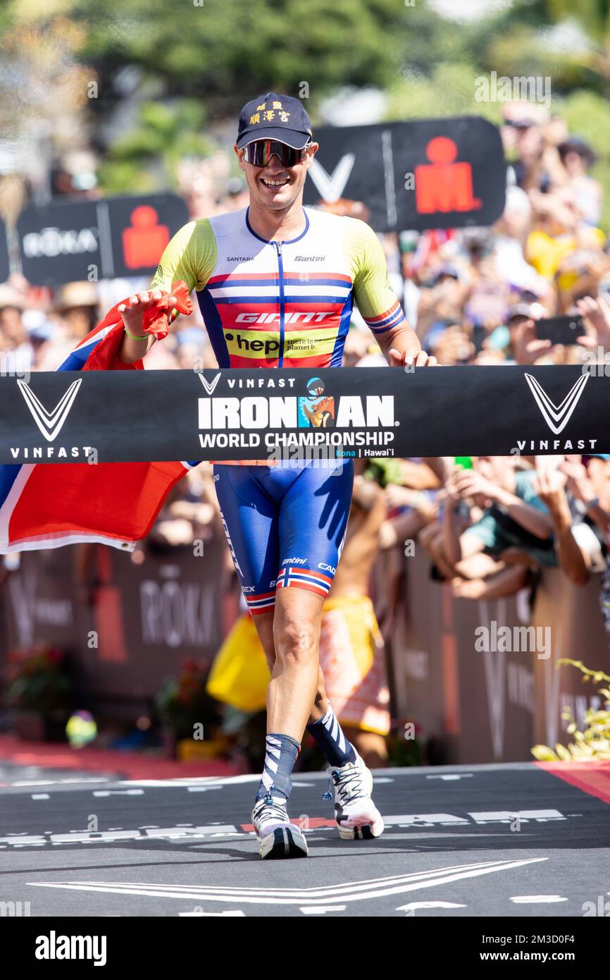 Norwegian Gustav iden celebrates as he crosses the finish line to win ...