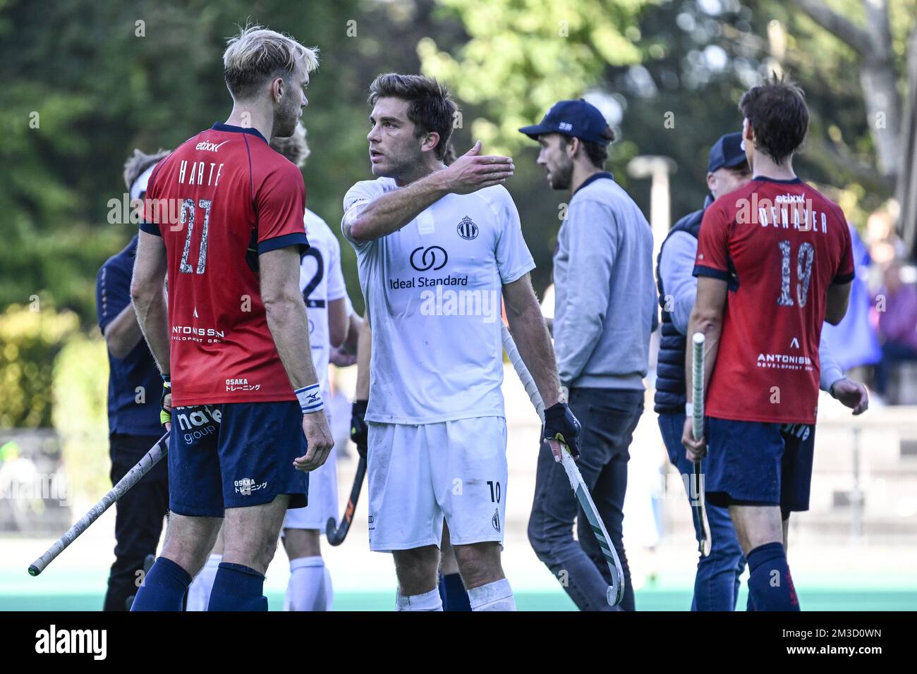 Dragons' Conor Harte and Racing's Cedric Charlier pictured after a hockey game between KHC ...