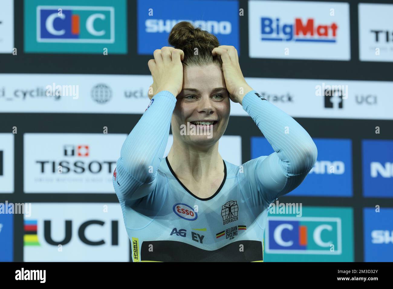 Belgian Lotte Kopecky celebrates as she finished first and won a gold ...
