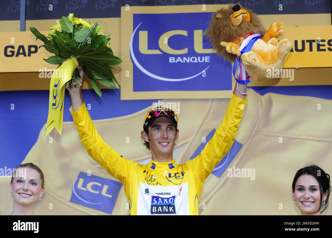 Andy Schleck of team Saxo Bank, in the yellow jersey of leader in the ...