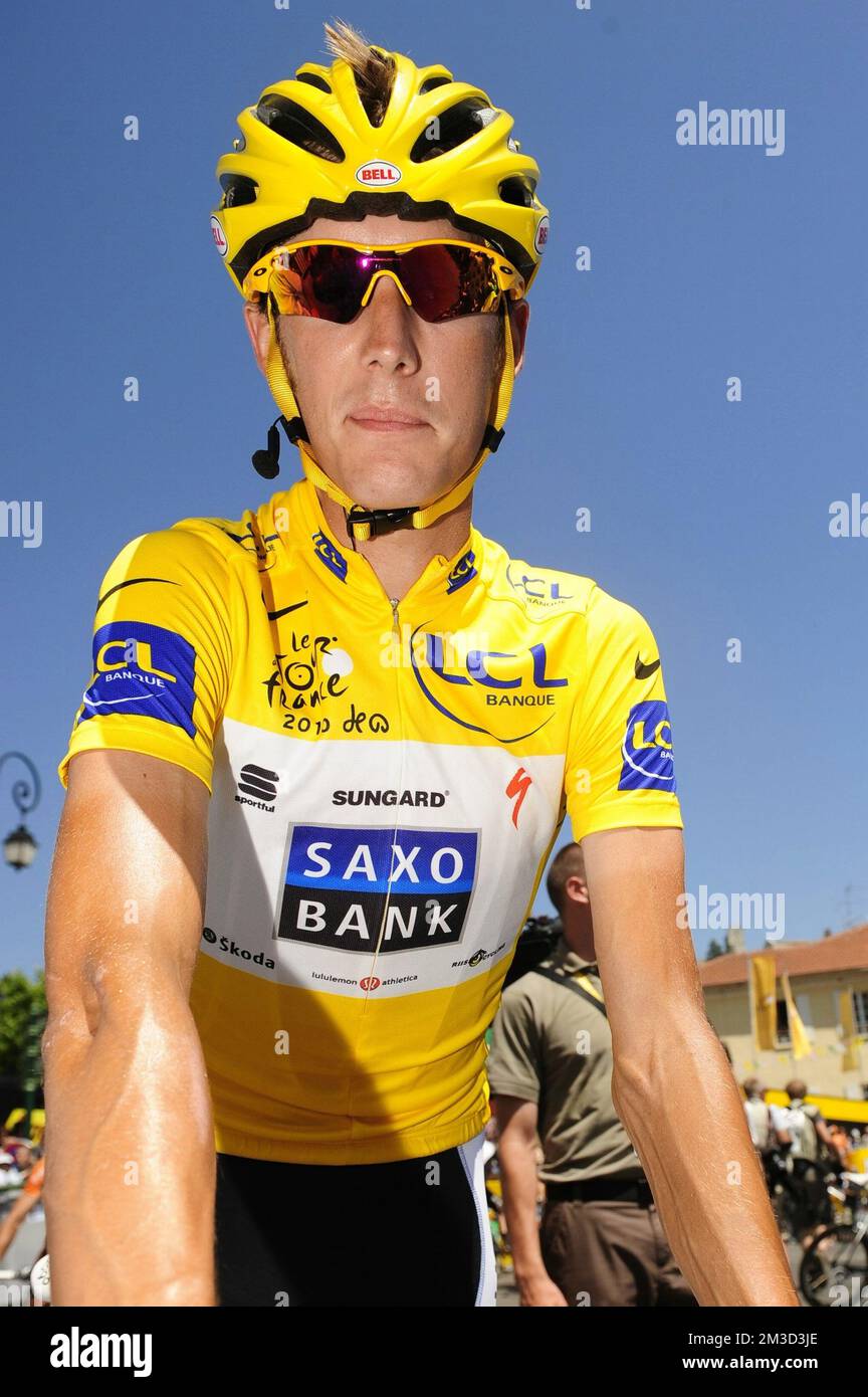 Luxemburg's Andy Schleck of team Saxo Bank in the yellow jersey of ...